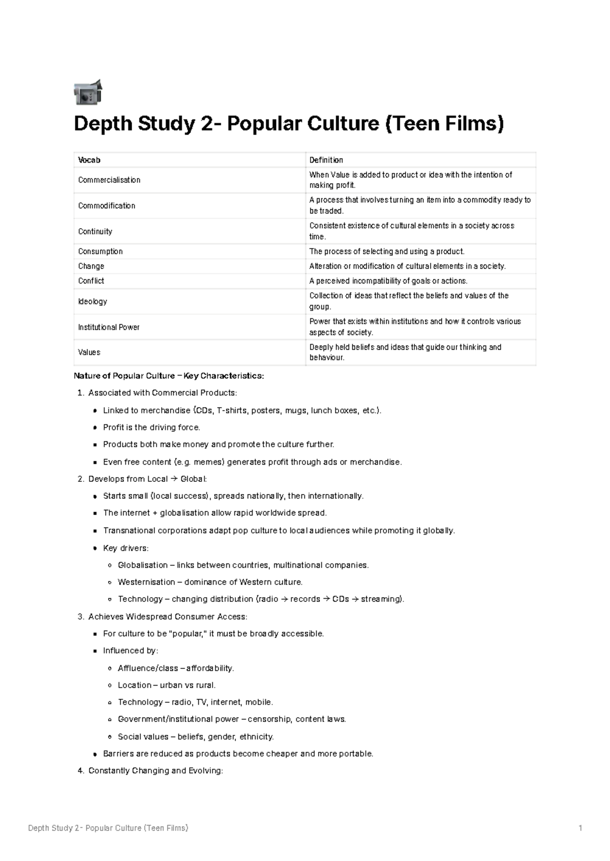 Depth Study: Popular Culture in Teen Films (Vocab & Key Concepts) - Studocu