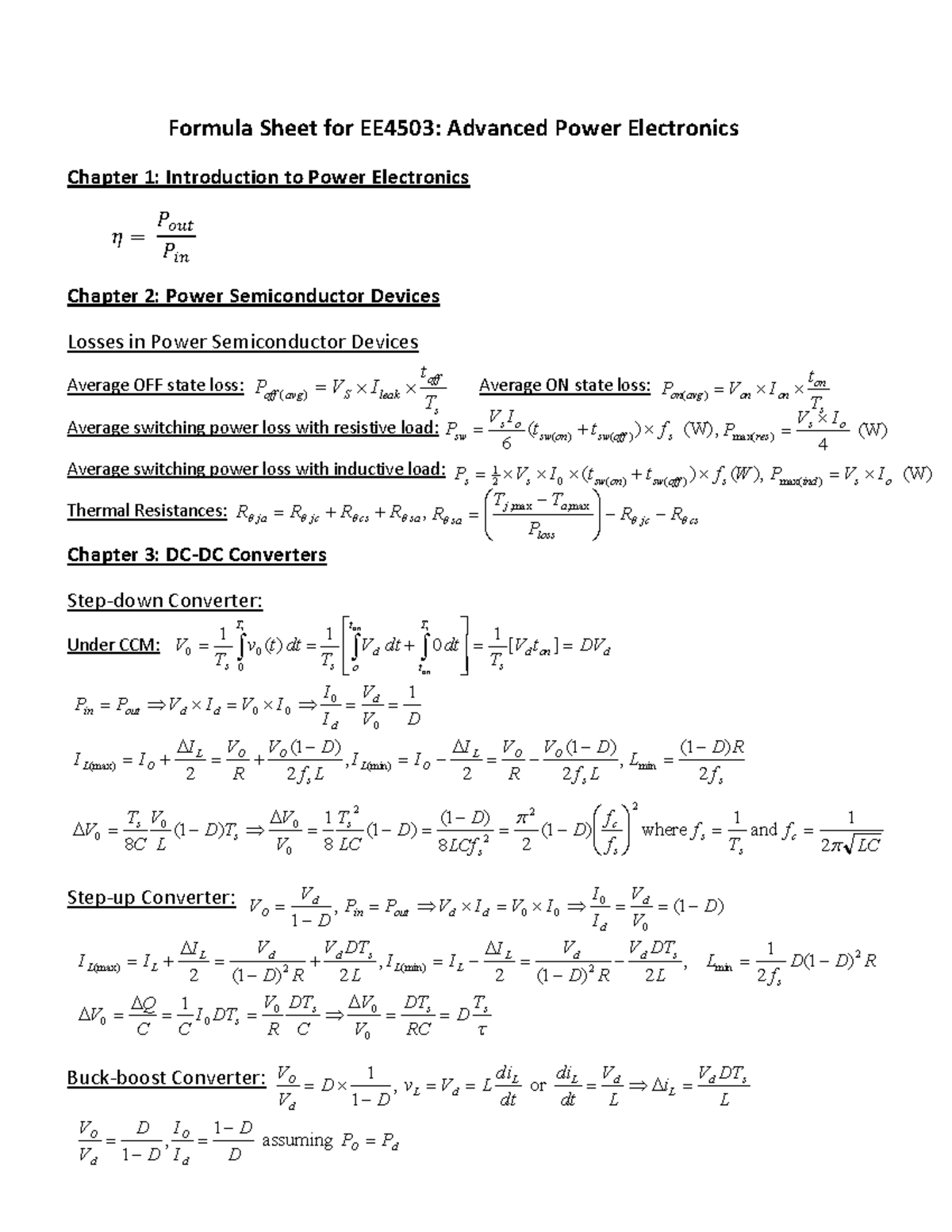 Formula Sheet - EE4503 - Power Electronics Concepts & Equations - Studocu