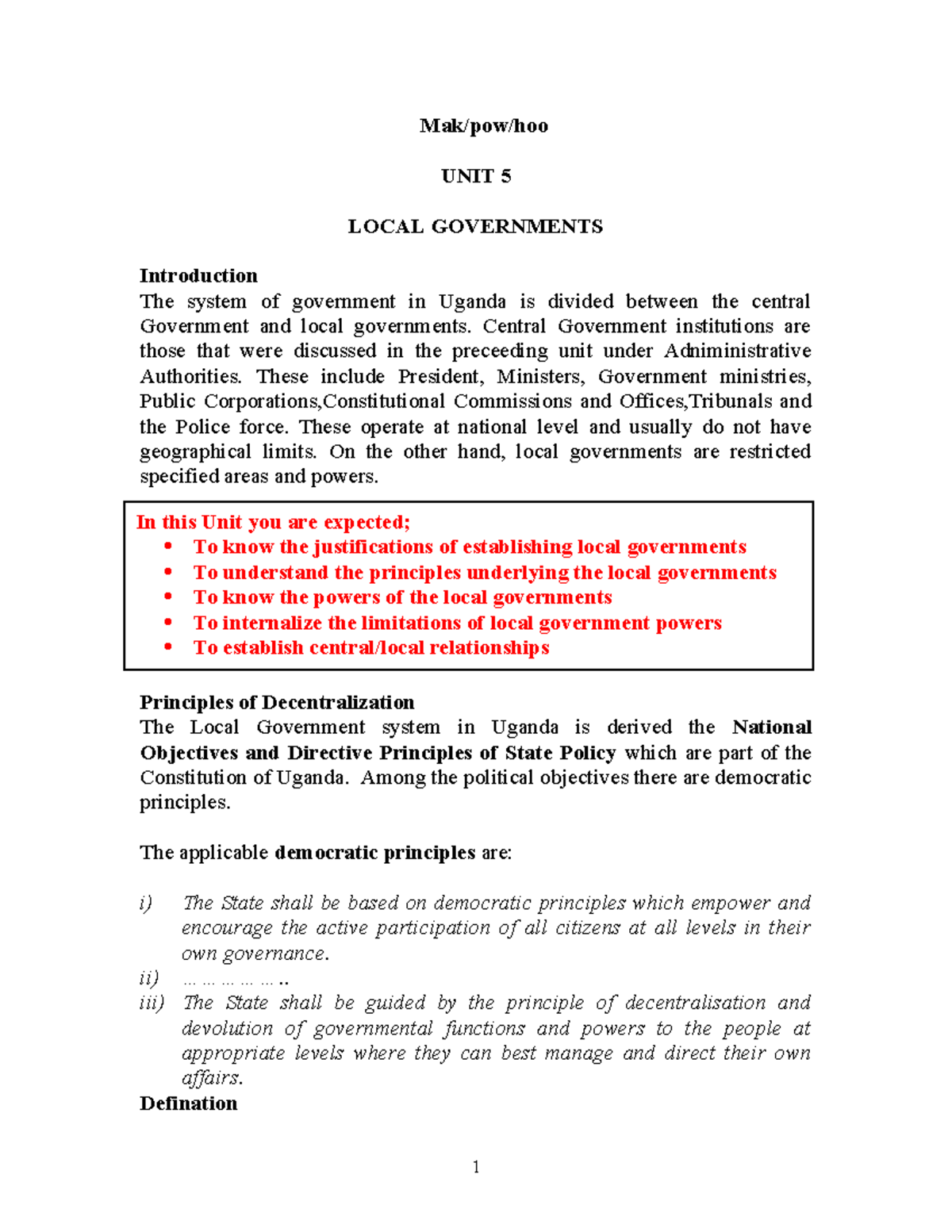 UGA 101: Unit 5 - Local Governments and Decentralization Principles ...