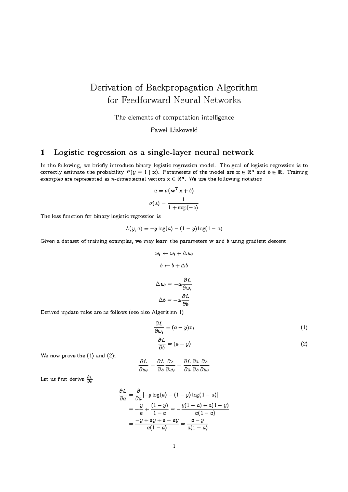 Back Propagation Algorithm Derivation for Neural Networks - Studocu