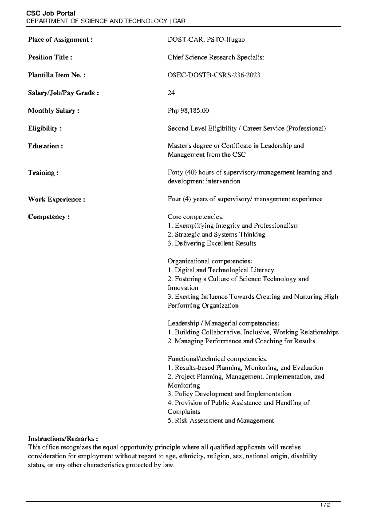 DOST-CAR Job Posting: Chief Science Research Specialist Position - Studocu