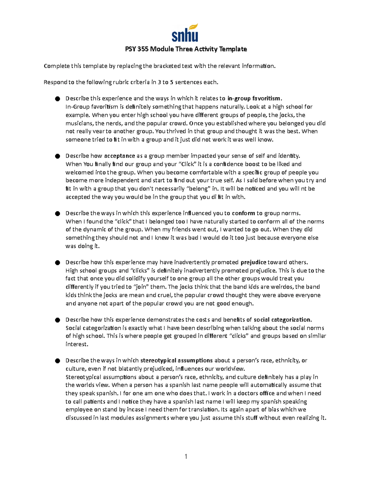 Module 3 activity - received an a for this one - PSY 355 Module Three Activity Template Complete ...