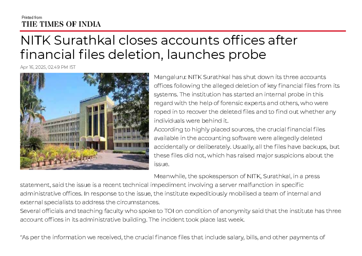 NITK Surathkal Financial Files Deletion Case Study - Studocu