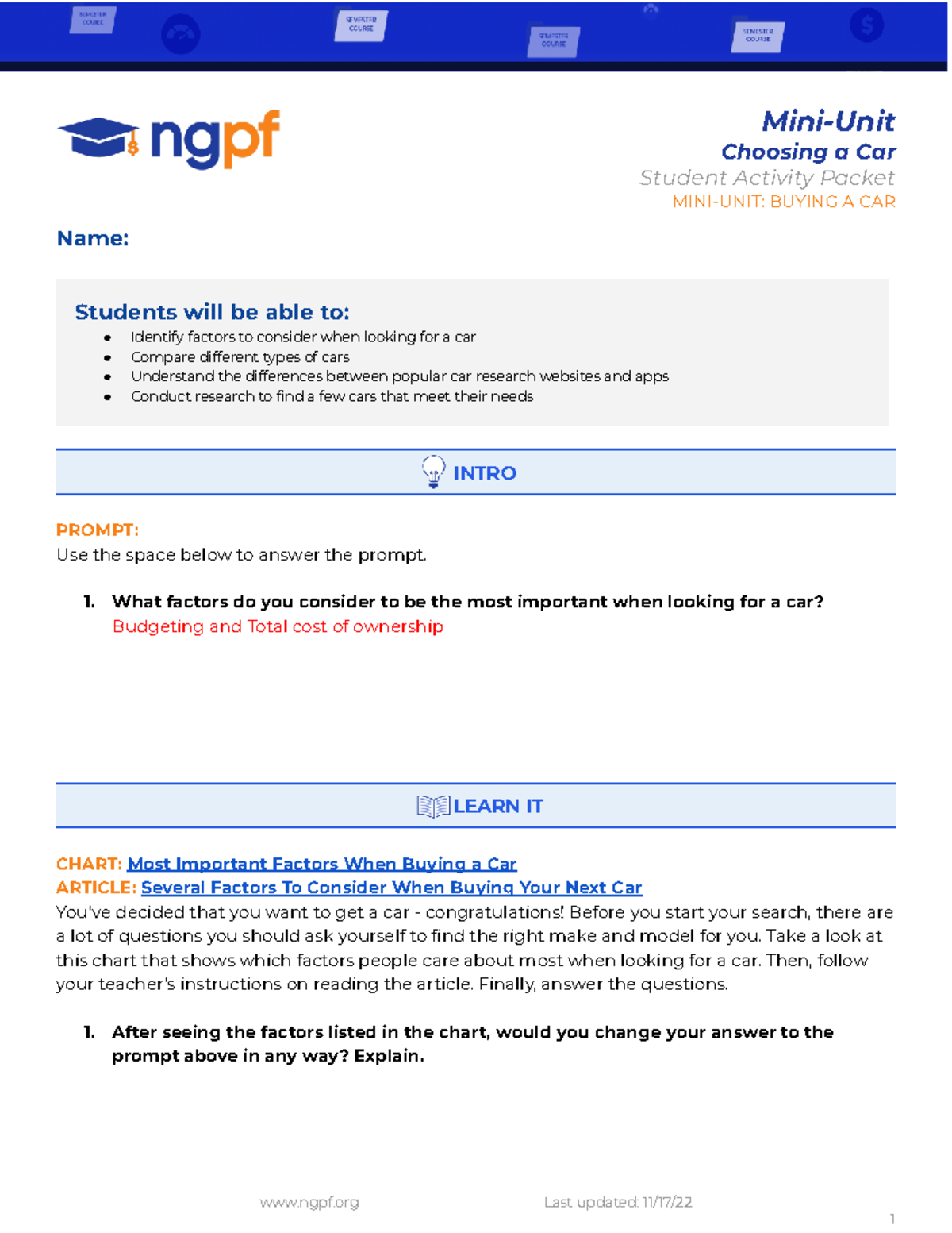 Choosing a Car Student Activity Packet: Key Factors & Research Tips ...