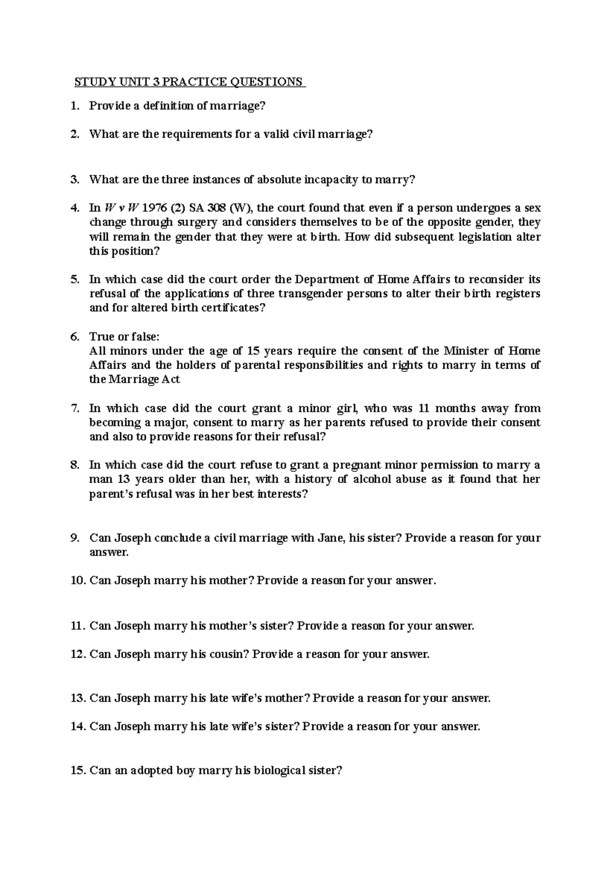 STUDY UNIT 3: MARRIAGE PRACTICE QUESTIONS & CASES - Studocu