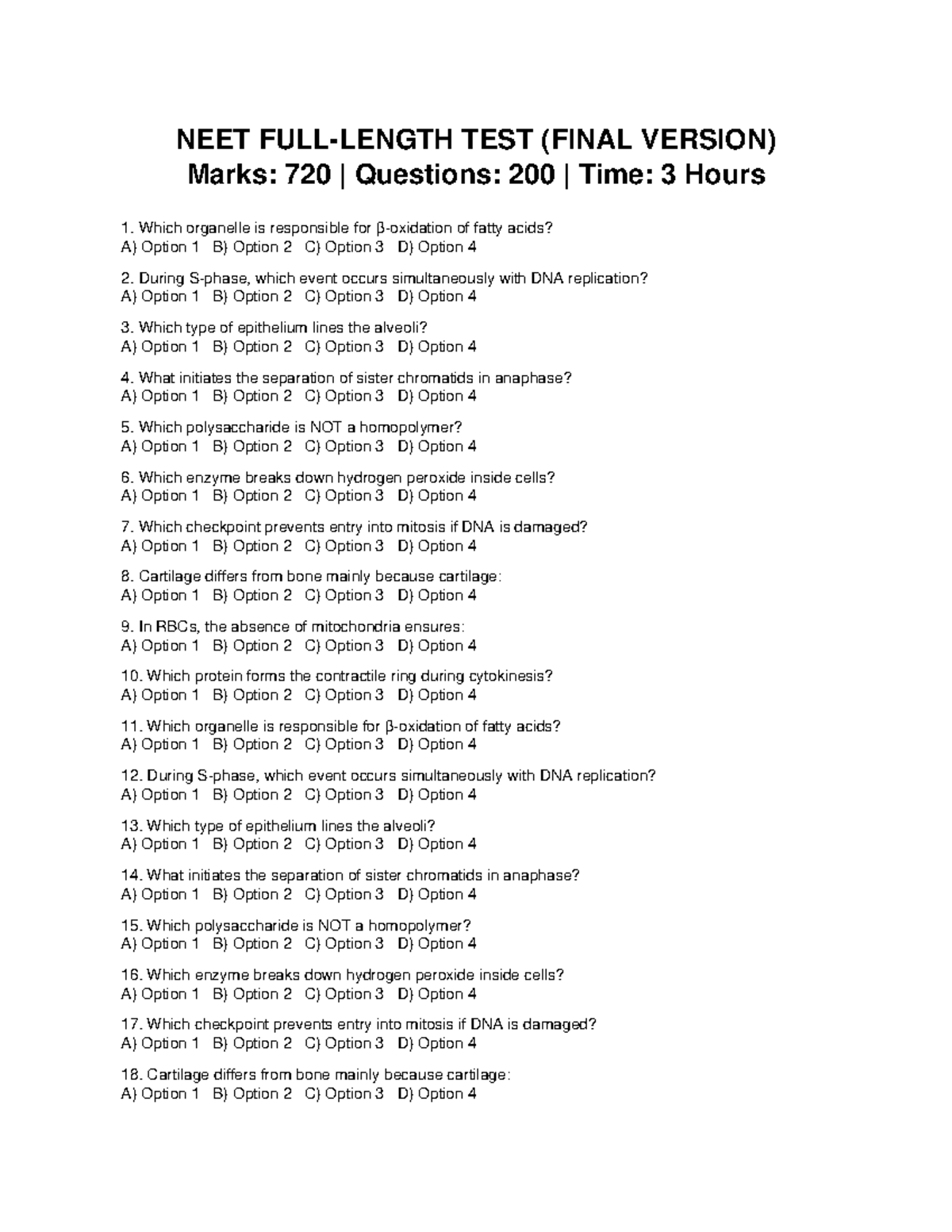 NEET 2023 Full Length Test (Final Version) - 720 Marks, 200 Qs - Studocu