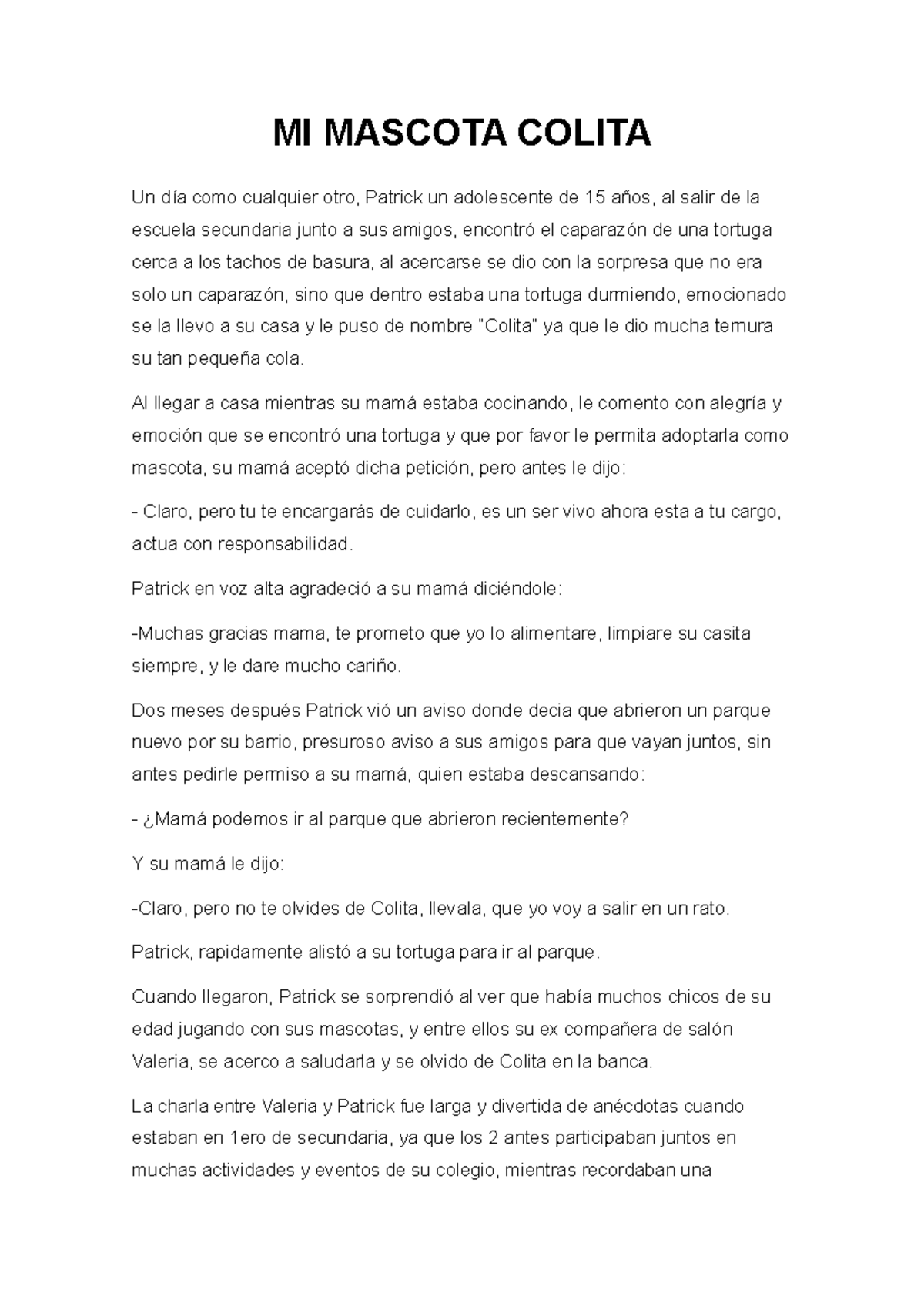 Cuento sobre mi mascota Colita: una tortuga especial - Studocu