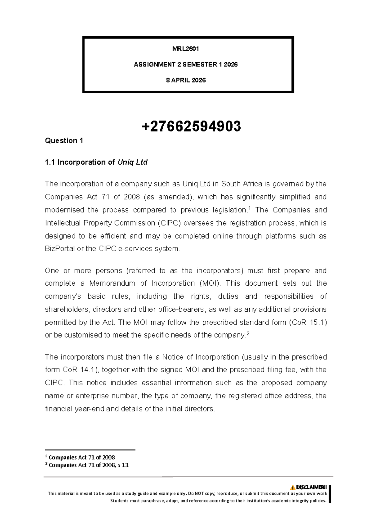 MRL2601 Assignment 2 Memo: Incorporation of Uniq Ltd Overview - Studocu