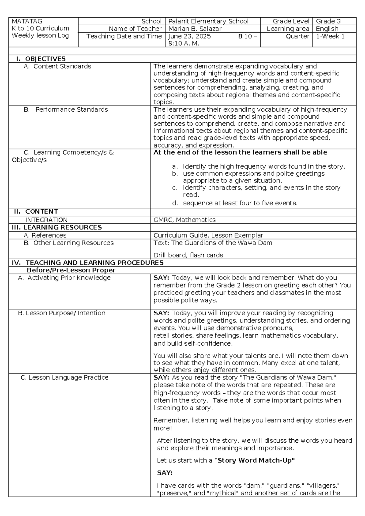Grade 3 English Daily Lesson Plan: Guardians of Wawa Dam - Studocu