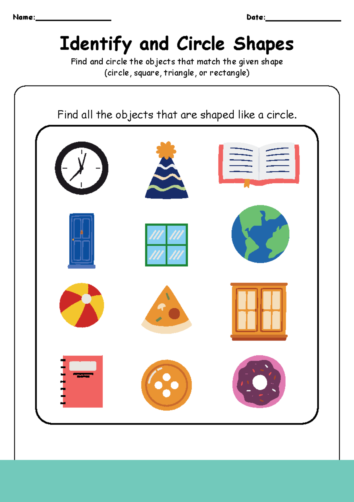 Identify and Circle Shapes - Kindergarten Worksheet - Name: Date ...