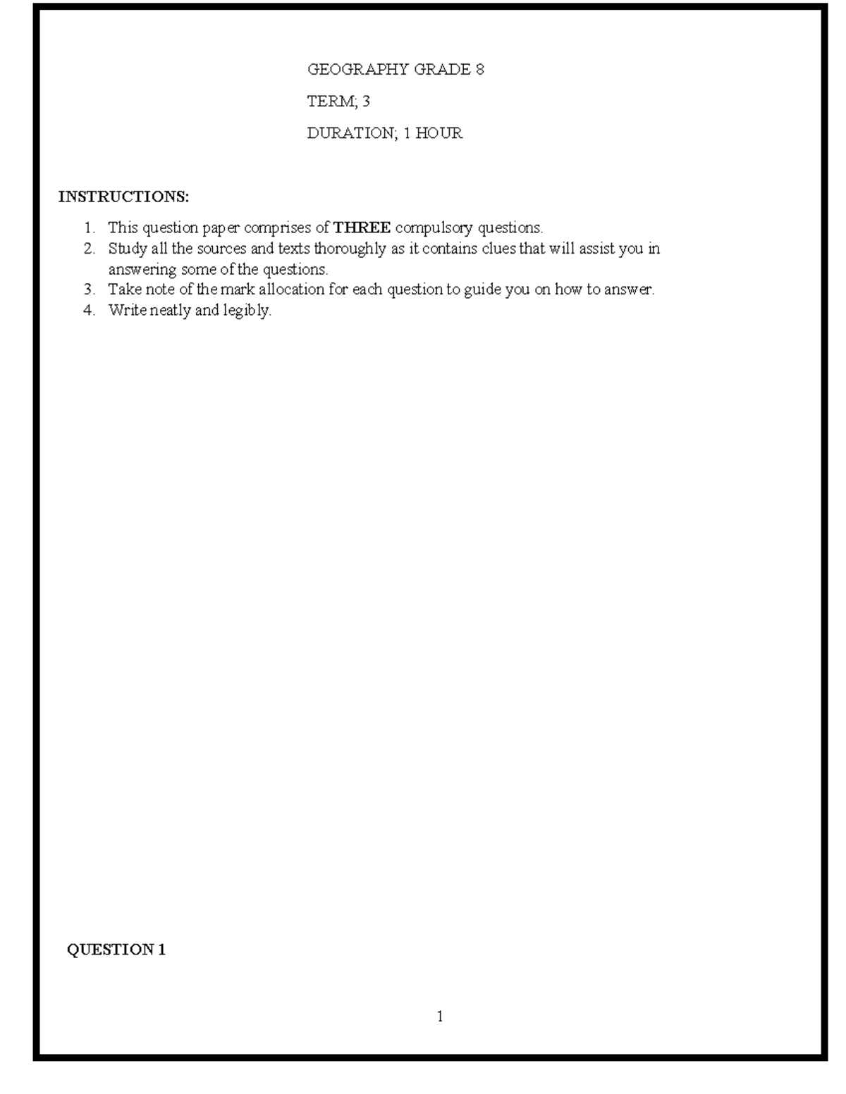 Geography Grade 8 Term 3 Assessment Questions and Instructions - Studocu