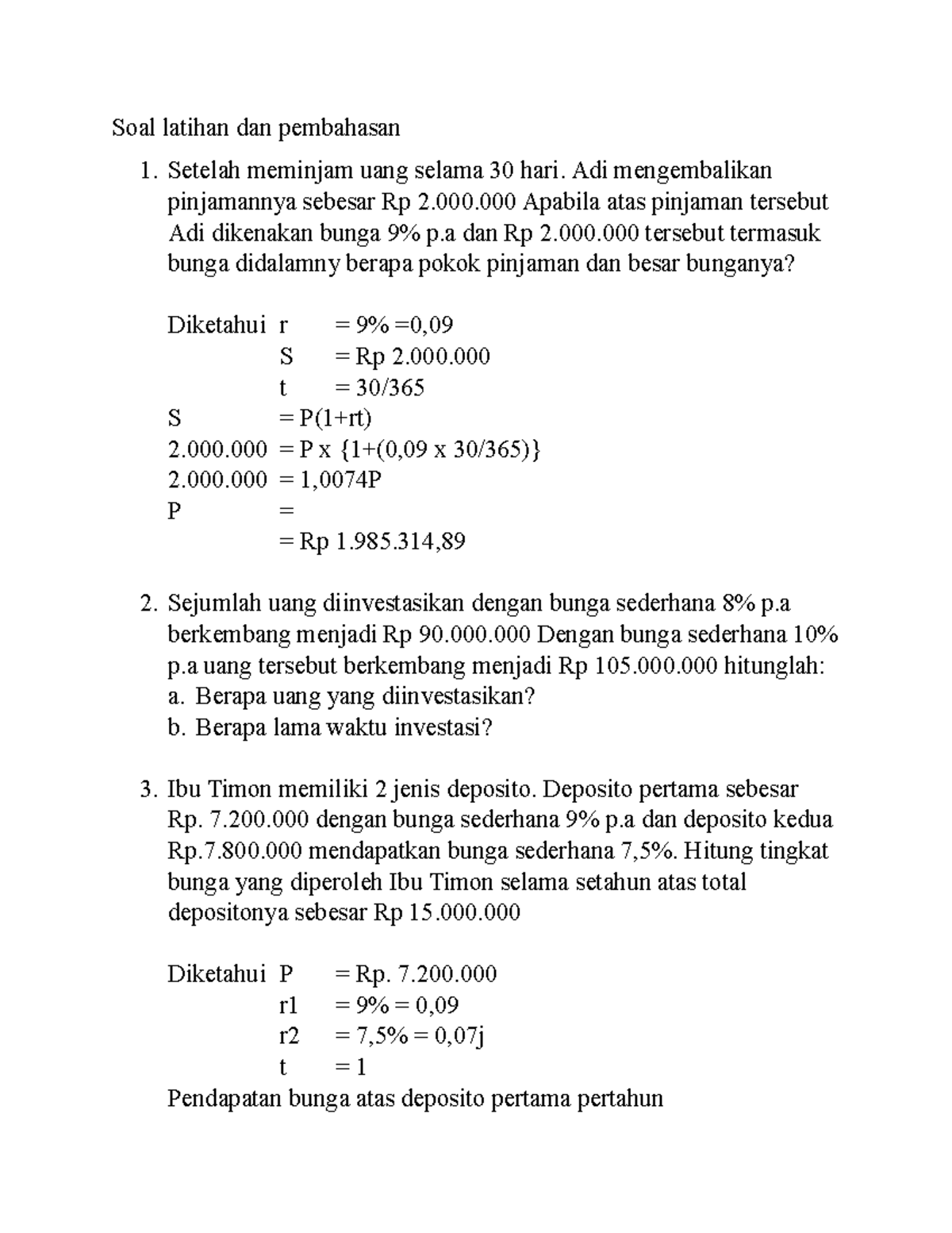 Contoh Soal dan Pembahasan Bunga Sederhana untuk Matematika 101 - Studocu