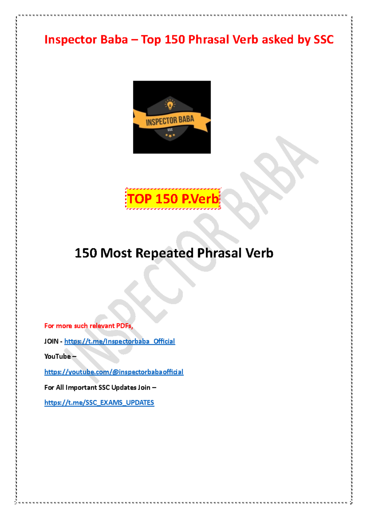 150 Most Repeated Phrasal Verbs for SSC - Inspector Baba Guide - Studocu