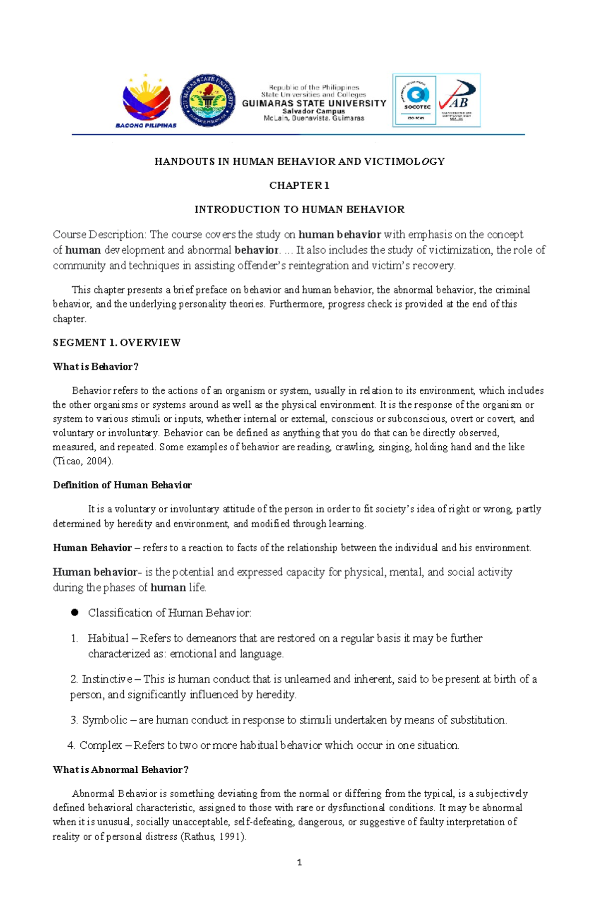 Handouts Human Behavior AND Victimology - HANDOUTS IN HUMAN BEHAVIOR ...
