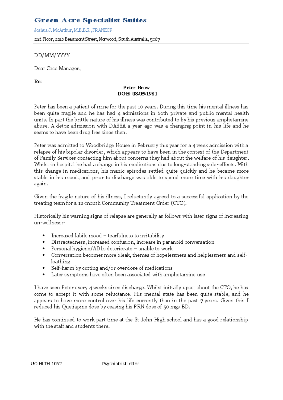 UO HLTH 1052 Psychiatrist Letter: Patient Assessment for Peter Brow ...