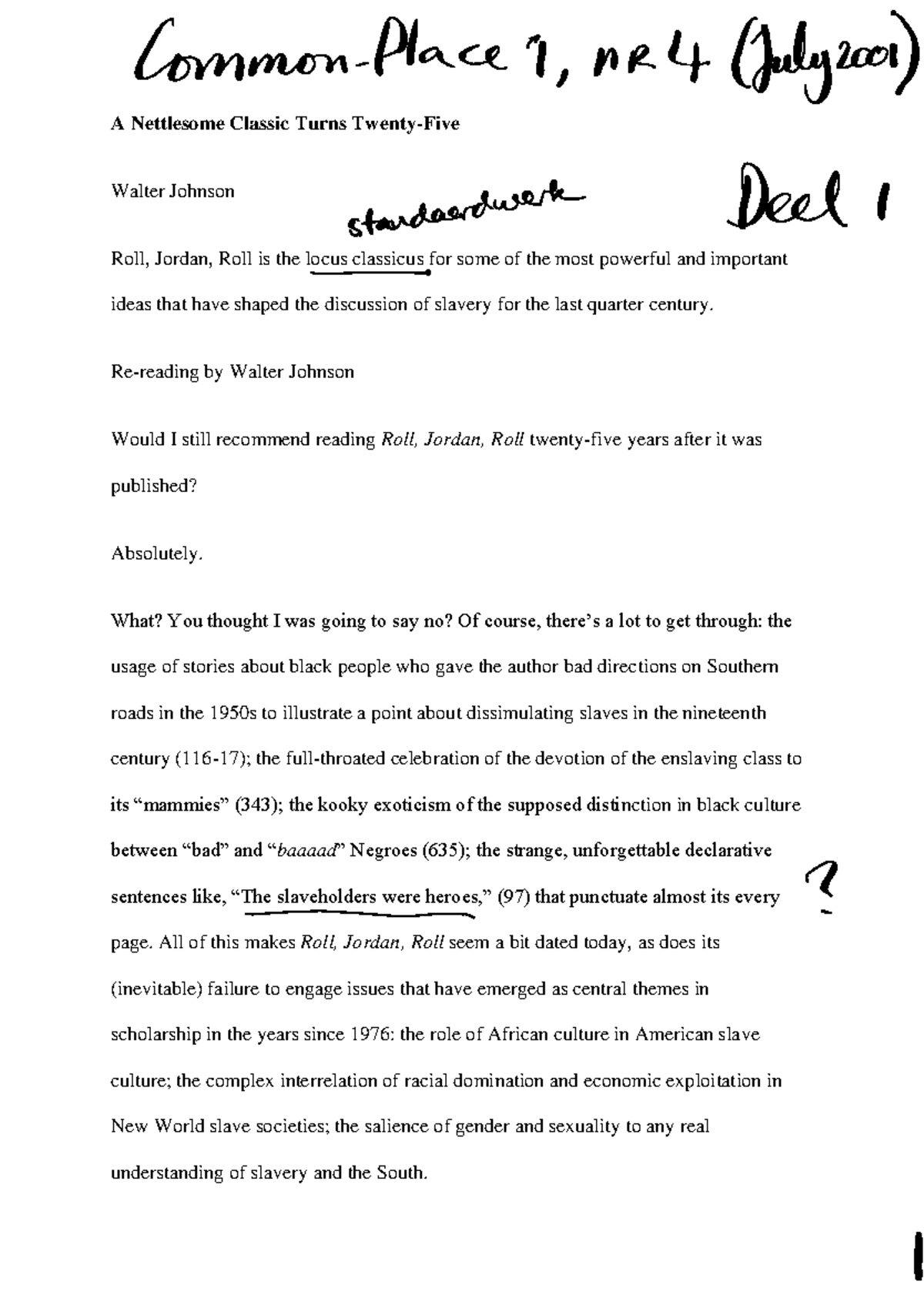 A Critical Review of Walter Johnson's "Roll, Jordan, Roll" - Studeersnel