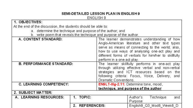 Final Lesson Plan: Poetry Techniques & Purpose for English 9 - Studocu