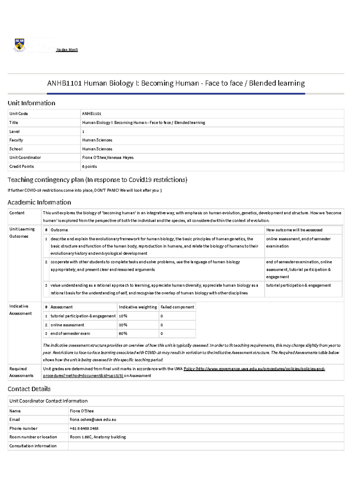 ANHB1101 2023: Human Biology I Unit Outline and Assessment Details ...