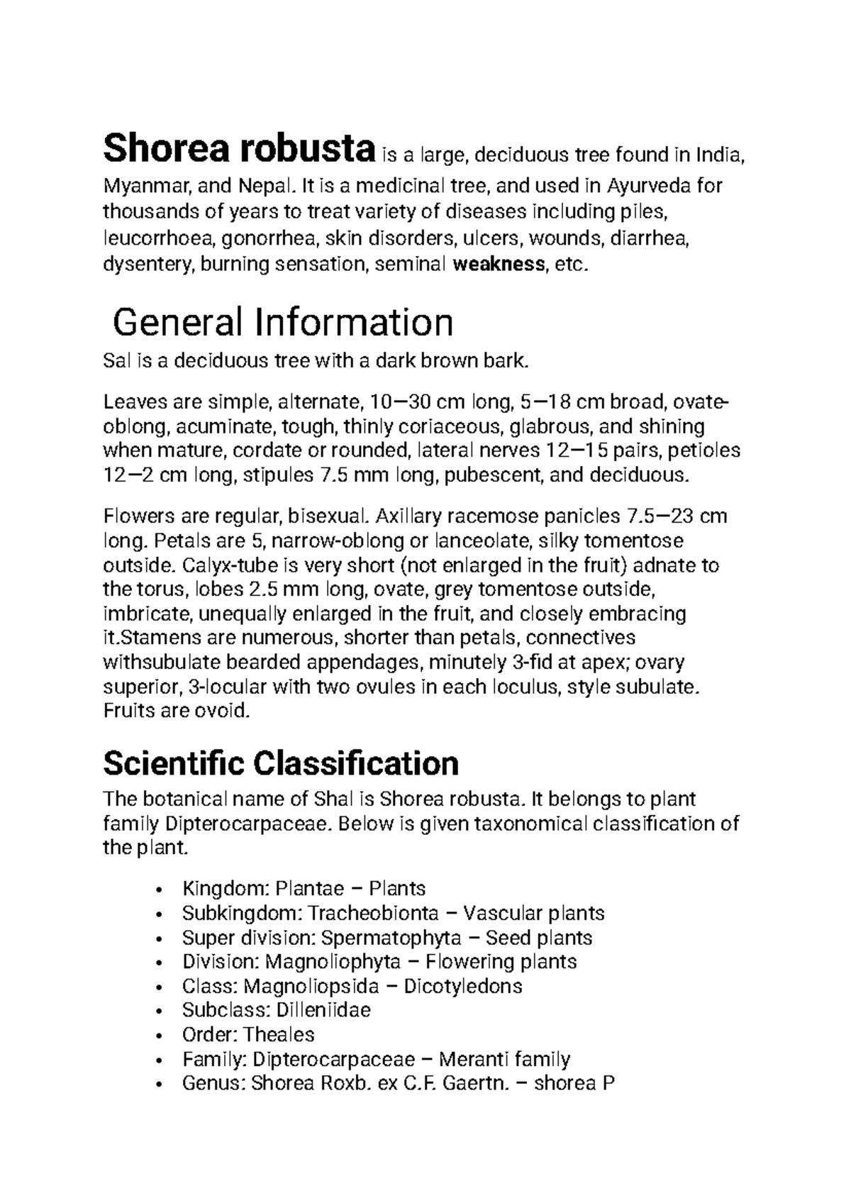 Shorea robusta: Medicinal Properties and Classification Overview - Studocu