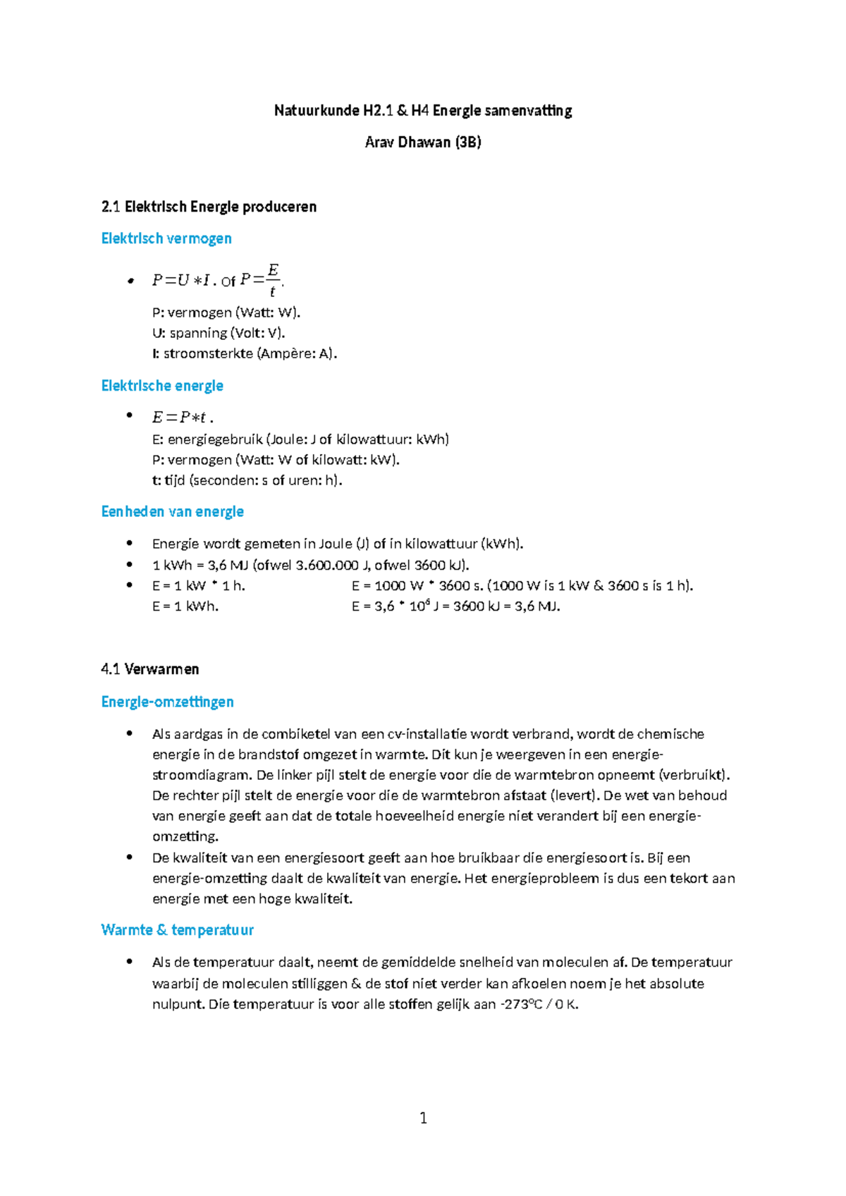 NA H2.1 en H4 Energie Samenvatting voor 3e Klas Natuurkunde - Studeersnel