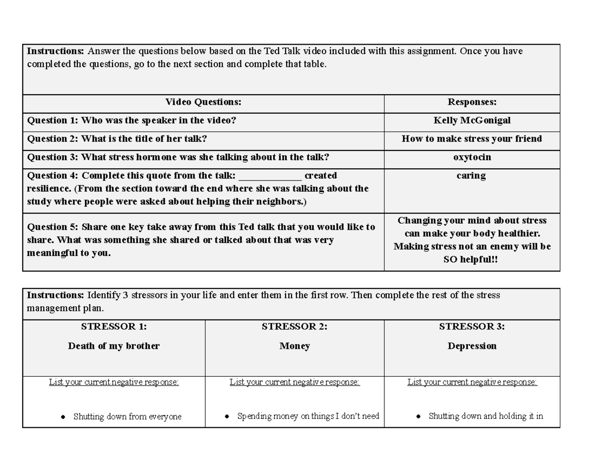 Stress Management Plan-1 - Instructions: Answer the questions below ...