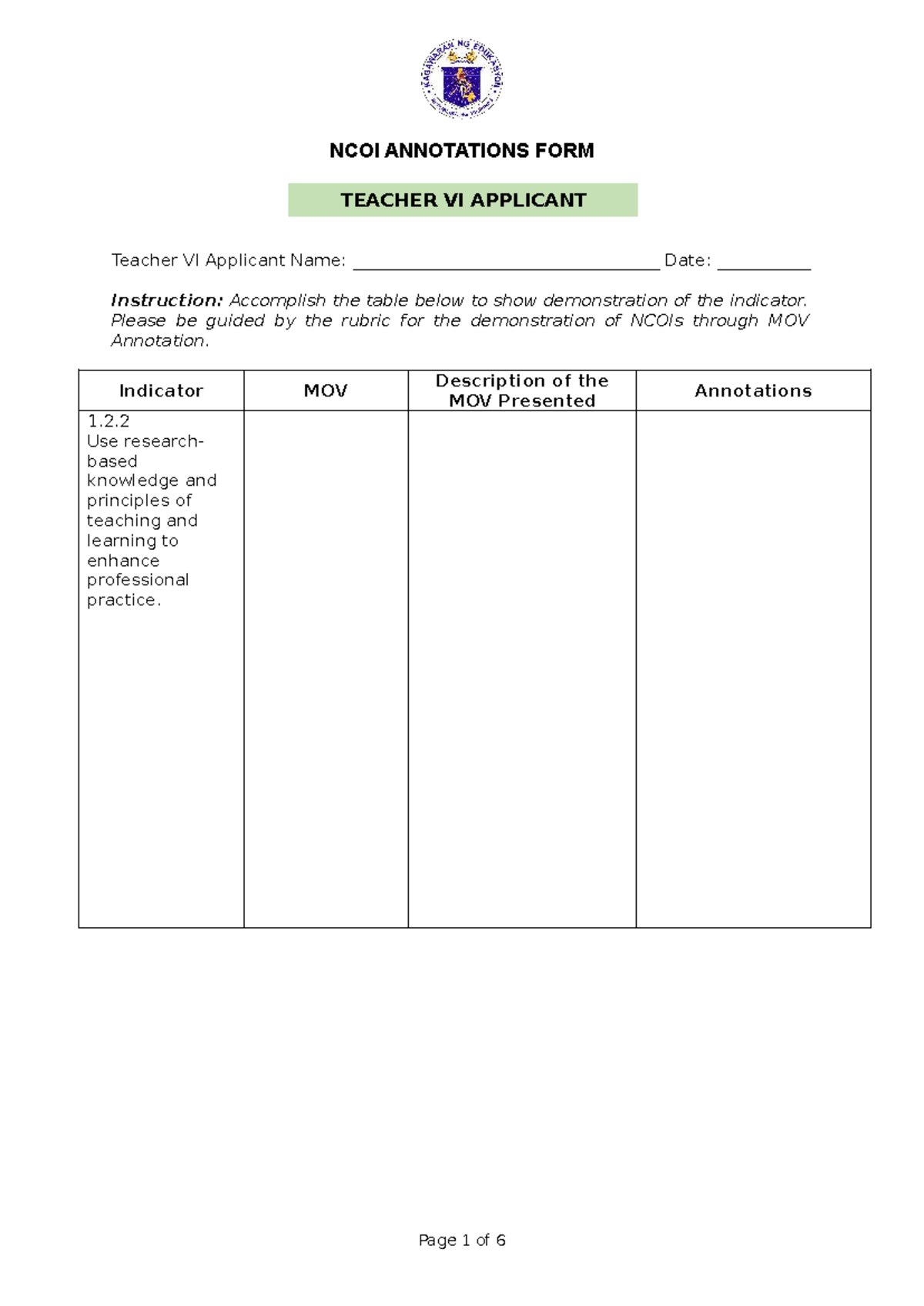 NCOI Annotations Form for Teacher VI Applicant Evaluation - Studocu