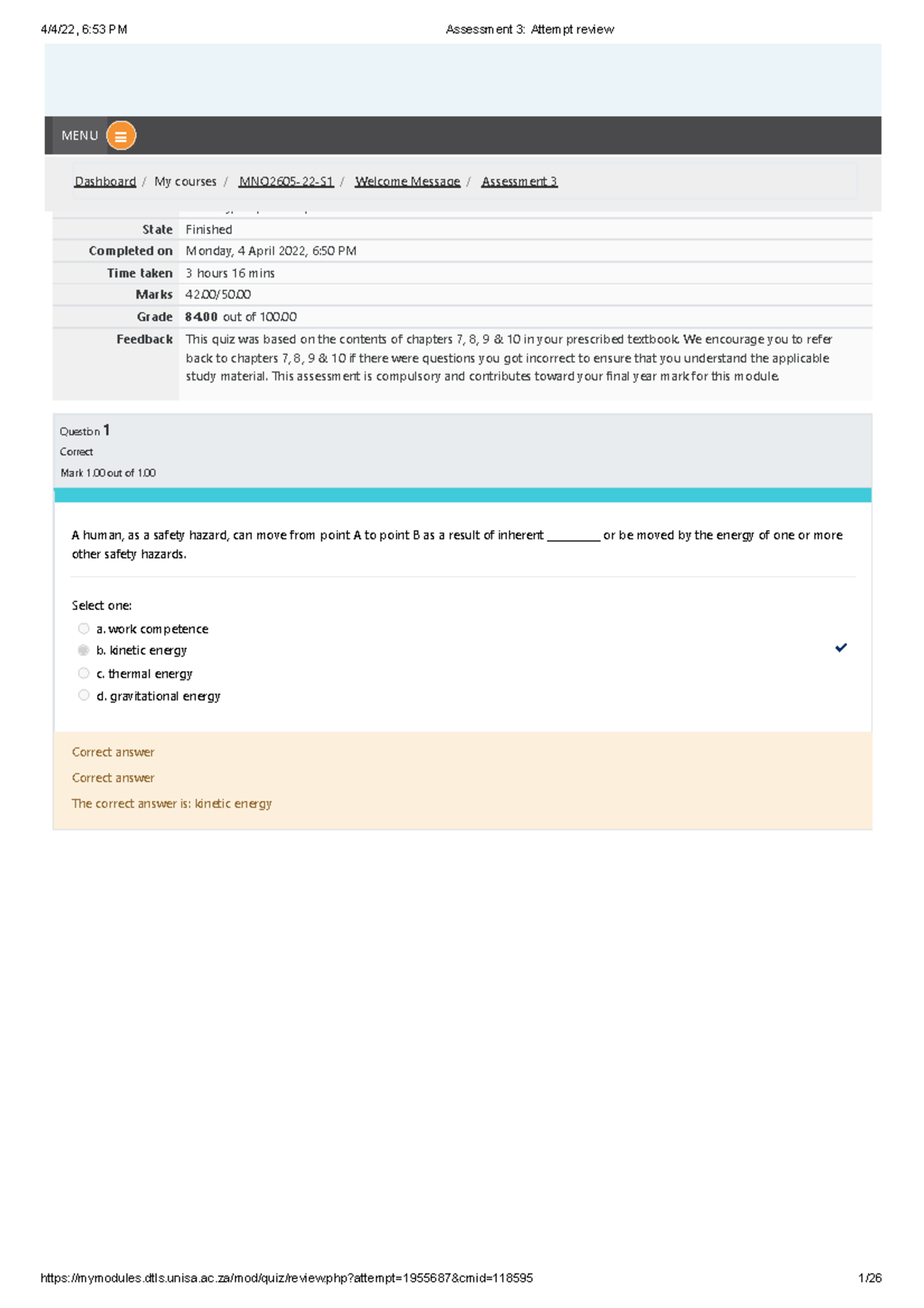 MNO2605-22-S1 Assessment 3 Attempt Review and Feedback Summary - Studocu