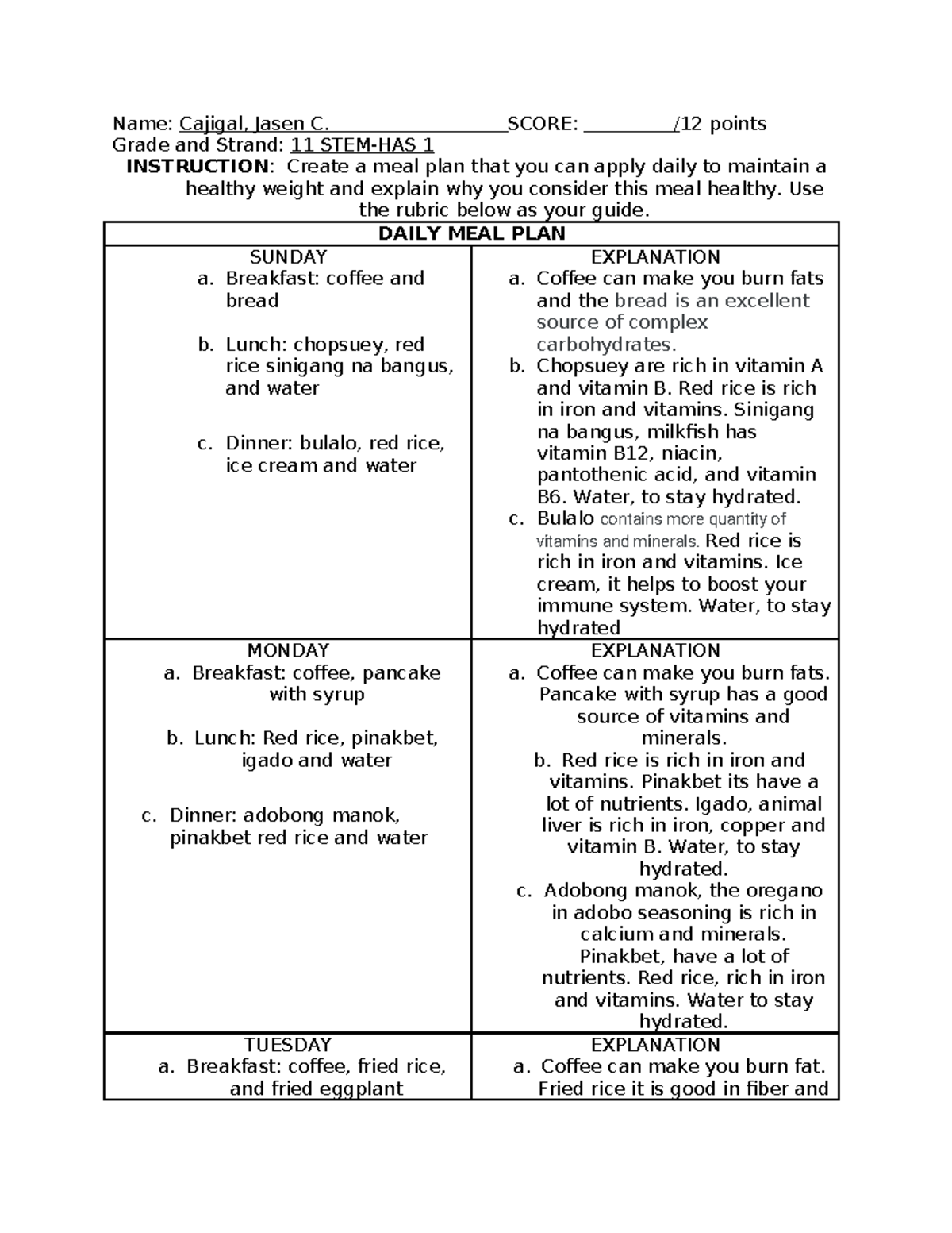 Daily Meal Plan for Healthy Weight Maintenance: Grade 11 Assignment ...
