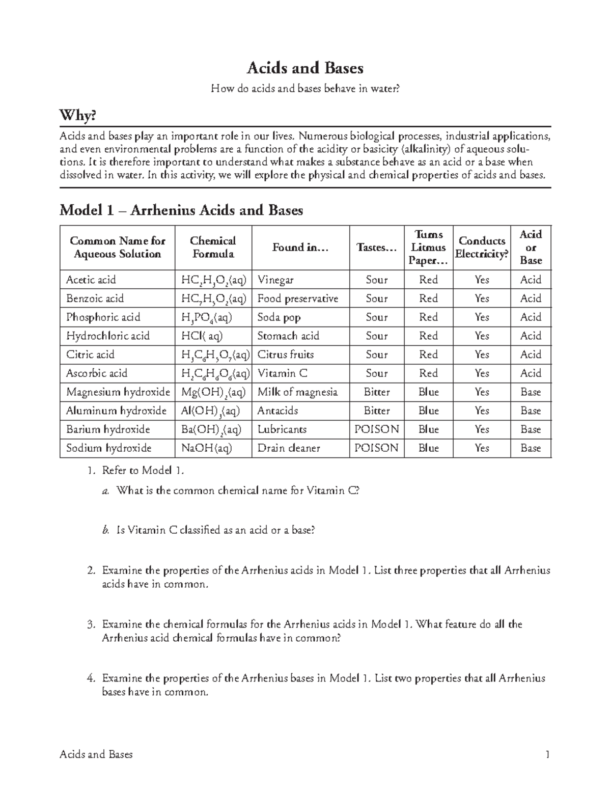 32 Acids and Bases-S - Practice Worksheet on Properties and Reactions ...