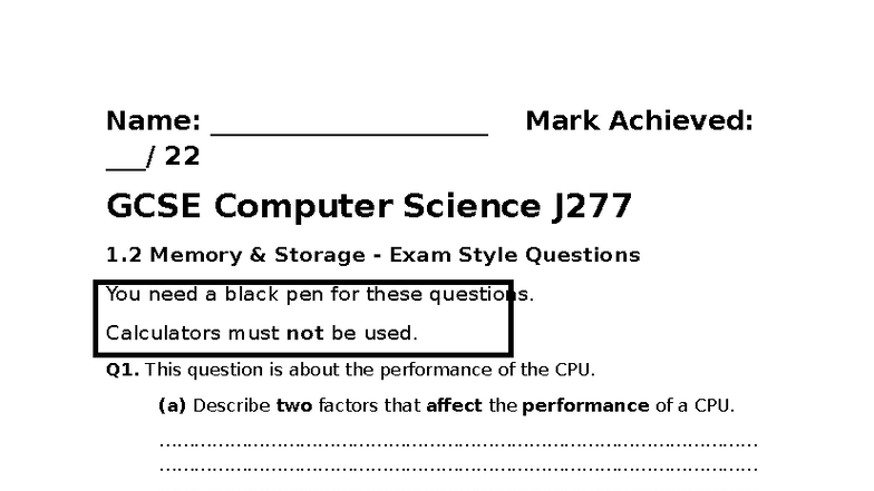 GCSE Computer Science J277 1.2 Memory & Storage - Exam Qs - Studocu