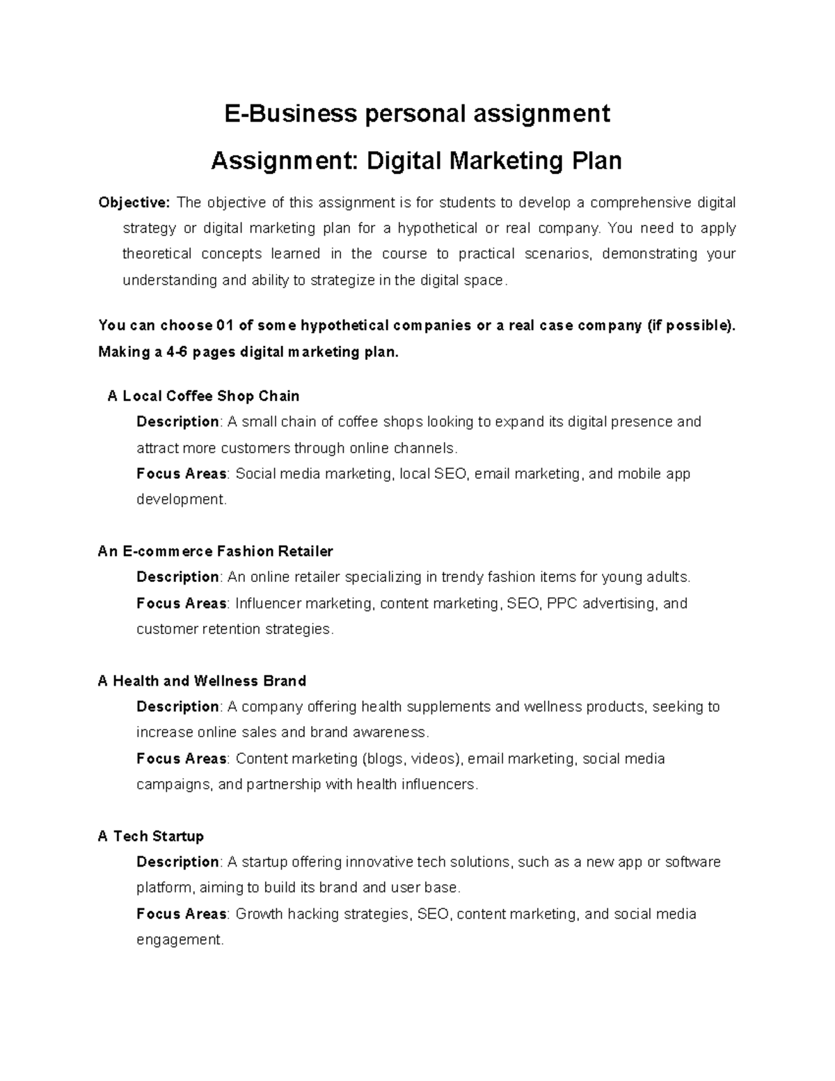 Digital marketing plan assignment for e-business course - Studocu