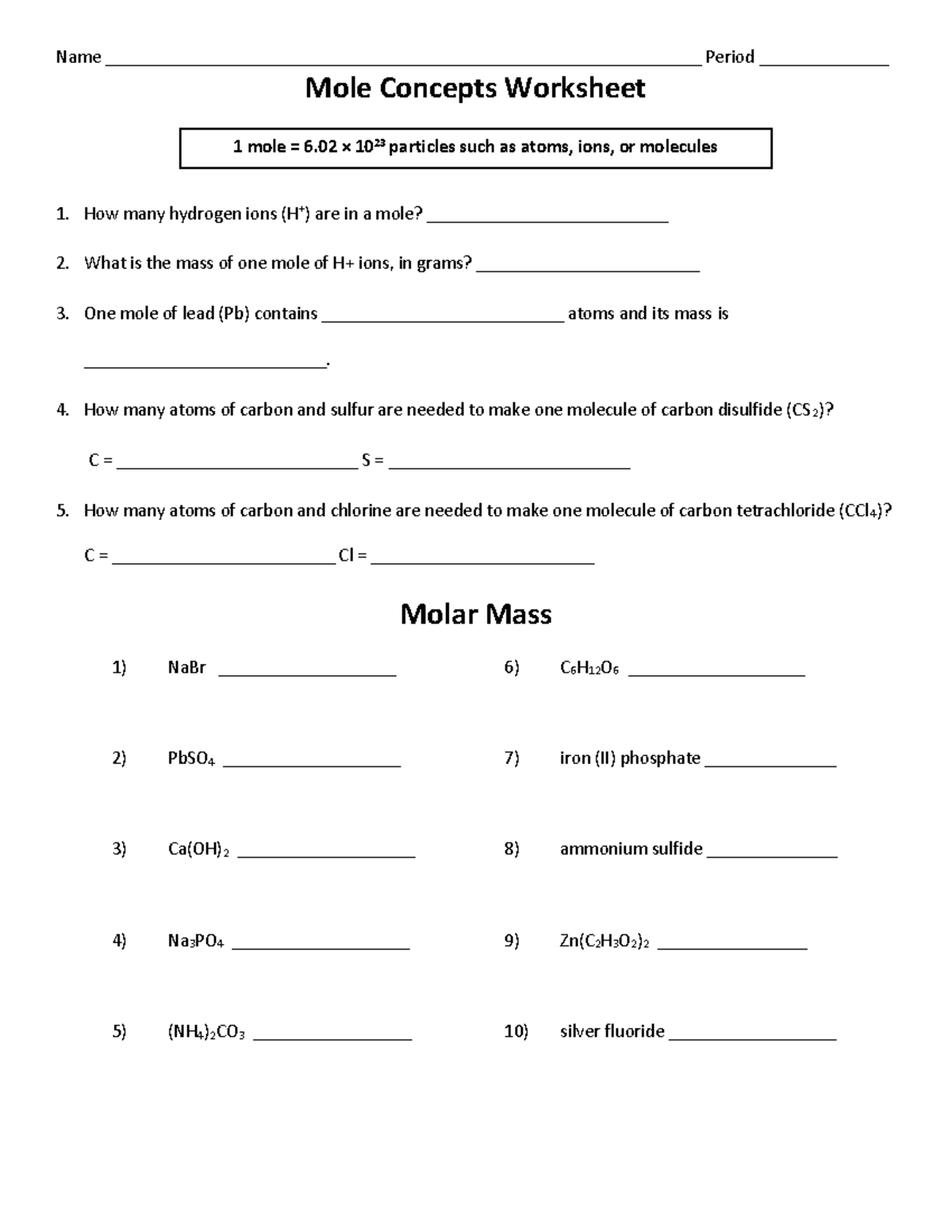Mole Concepts and Molar Mass Worksheet (with KEY) - Studocu