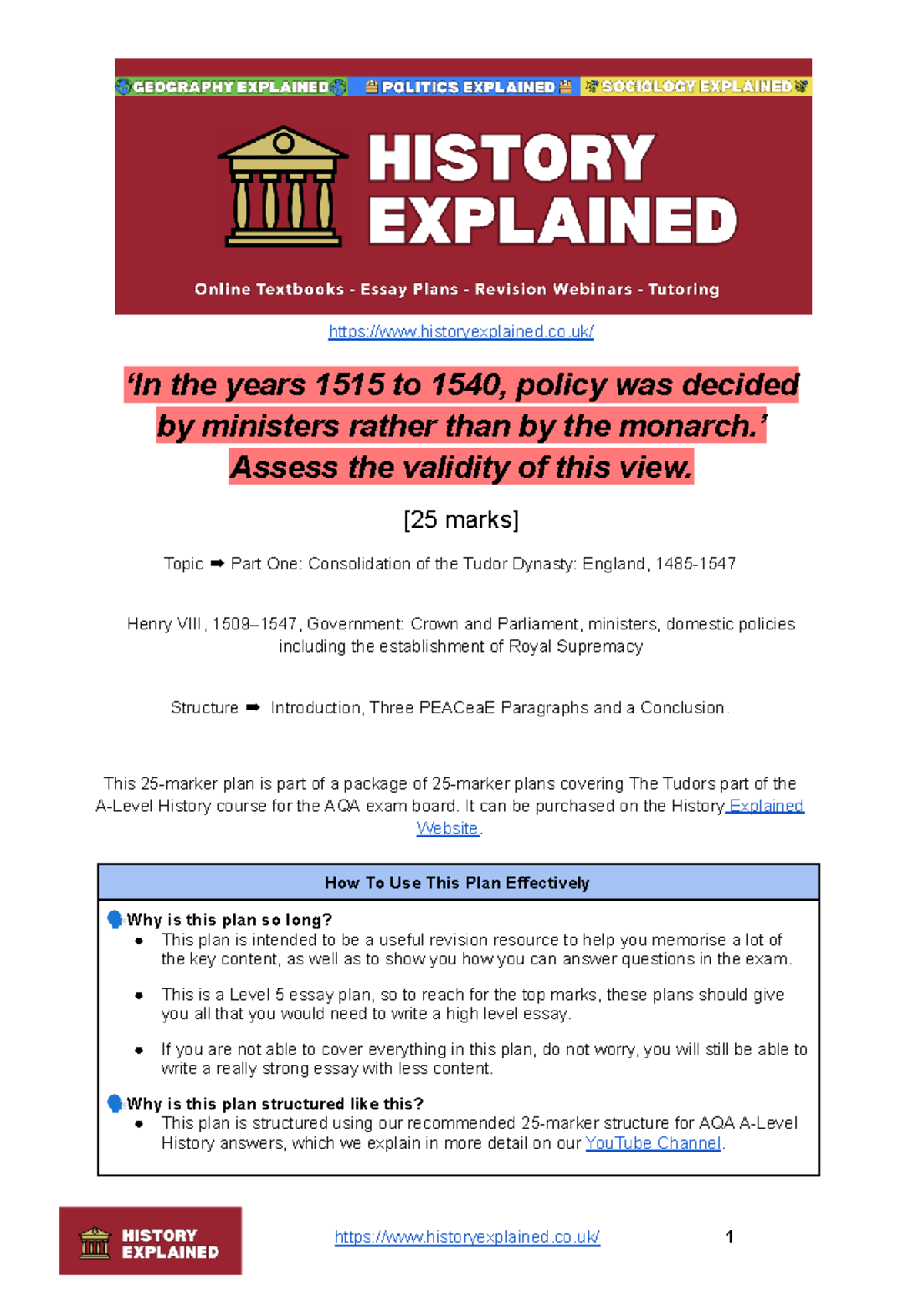 AQA History Essay Plan: Assessing Ministerial Power vs. Monarchical ...