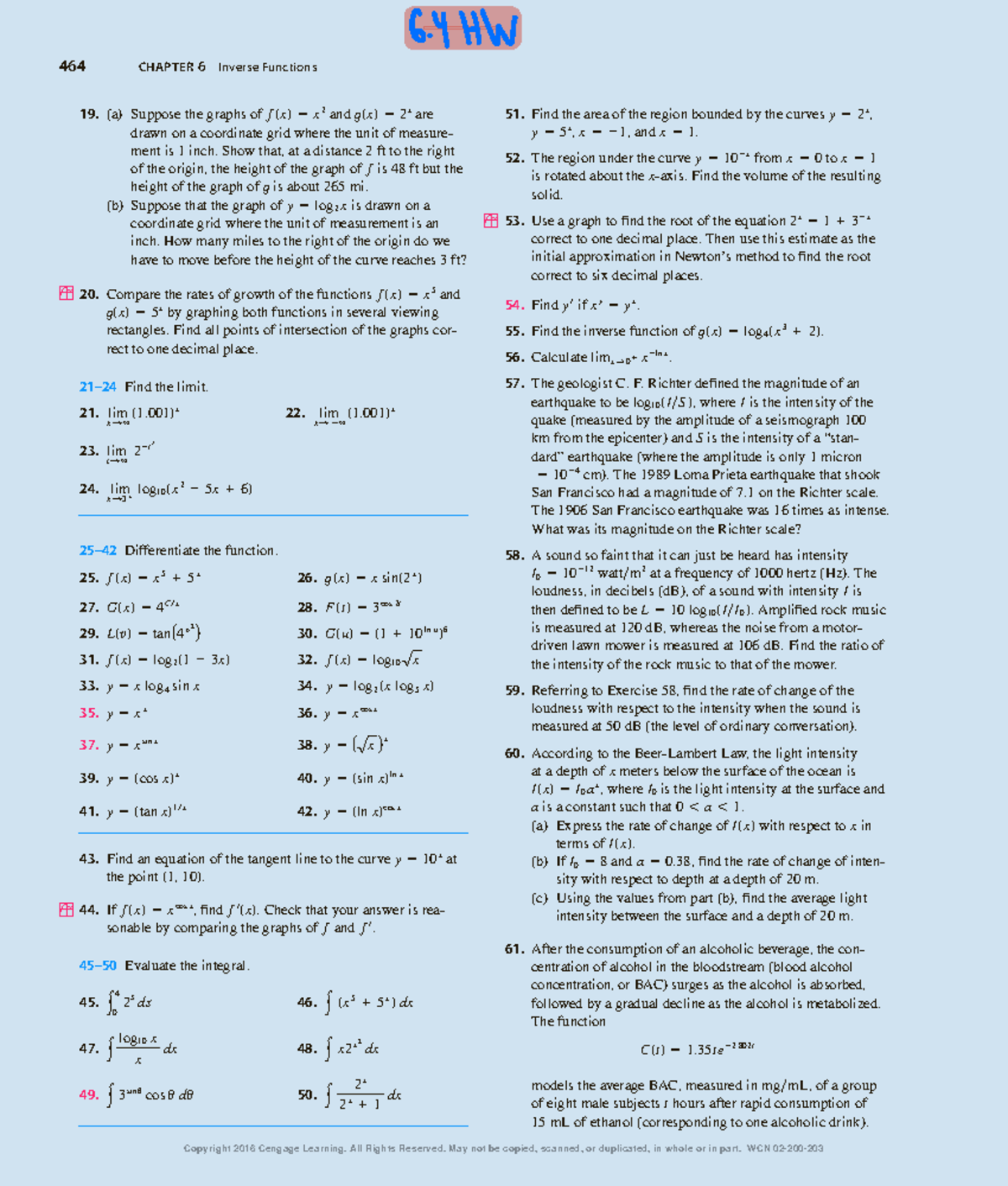 General Log and Exponential Functions Lesson 6.4 HW - 464 CHAPTER 6 Inverse Functions 51. Find ...