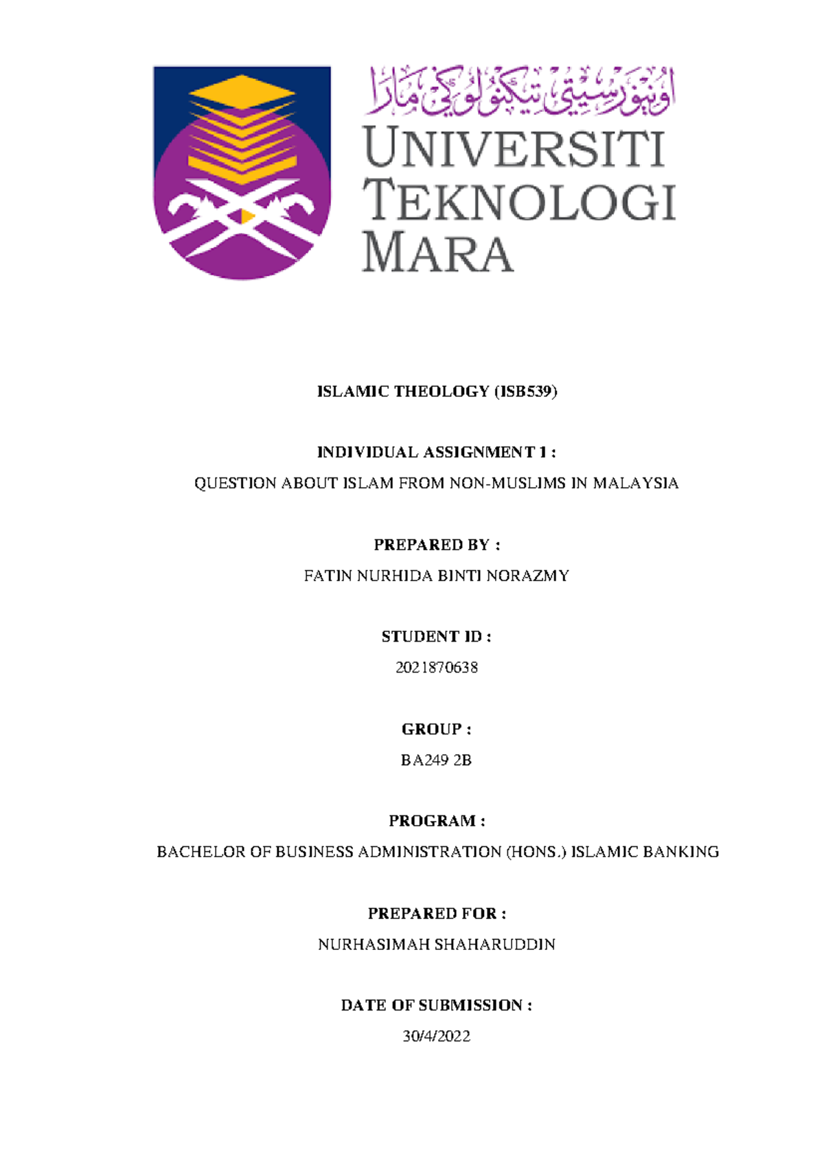 ISB539 Individual Assignment: Questions on Islamic Beliefs by Fatin ...