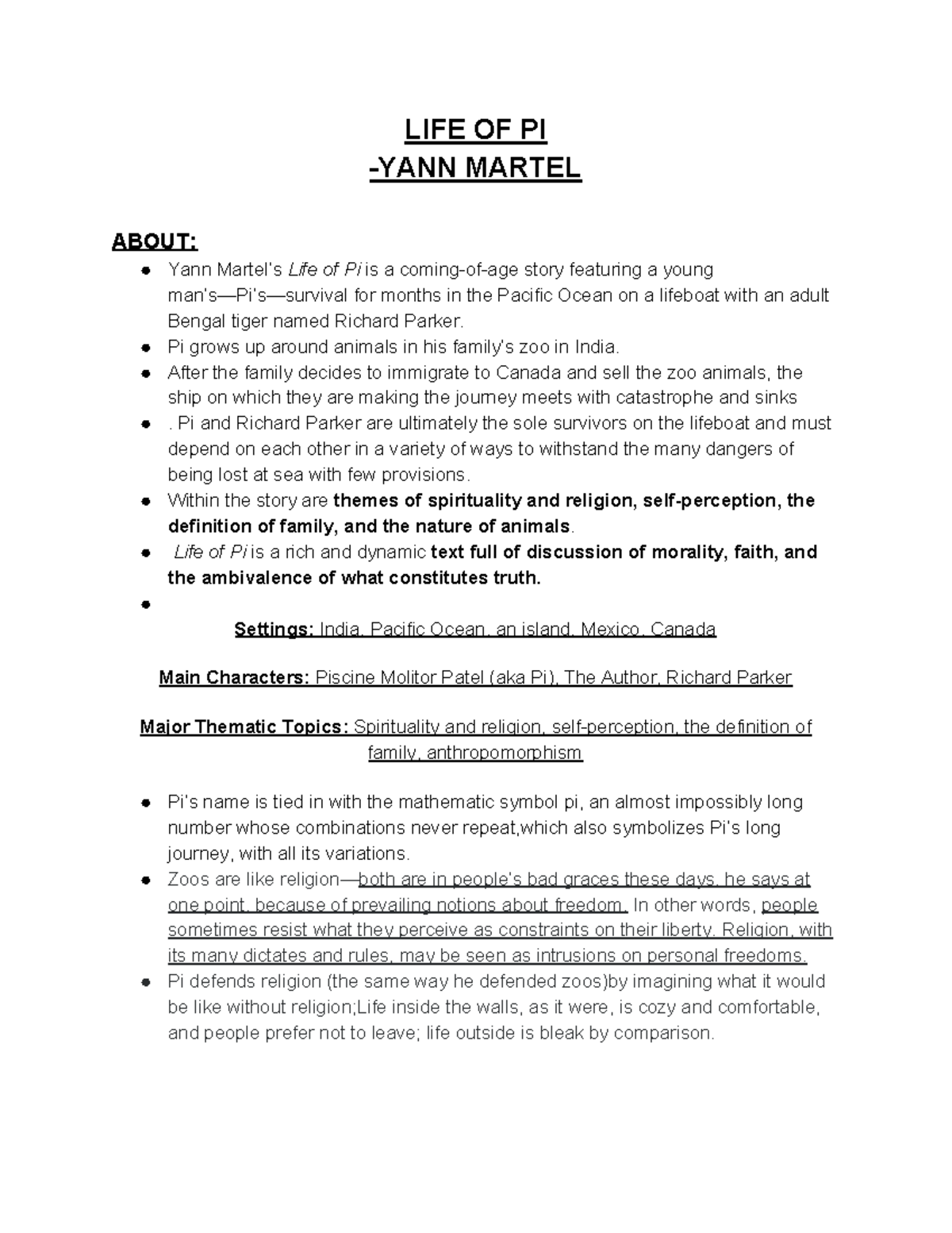 LIFE OF PI (ENG 101) - Comprehensive Study Notes and Analysis - Studocu