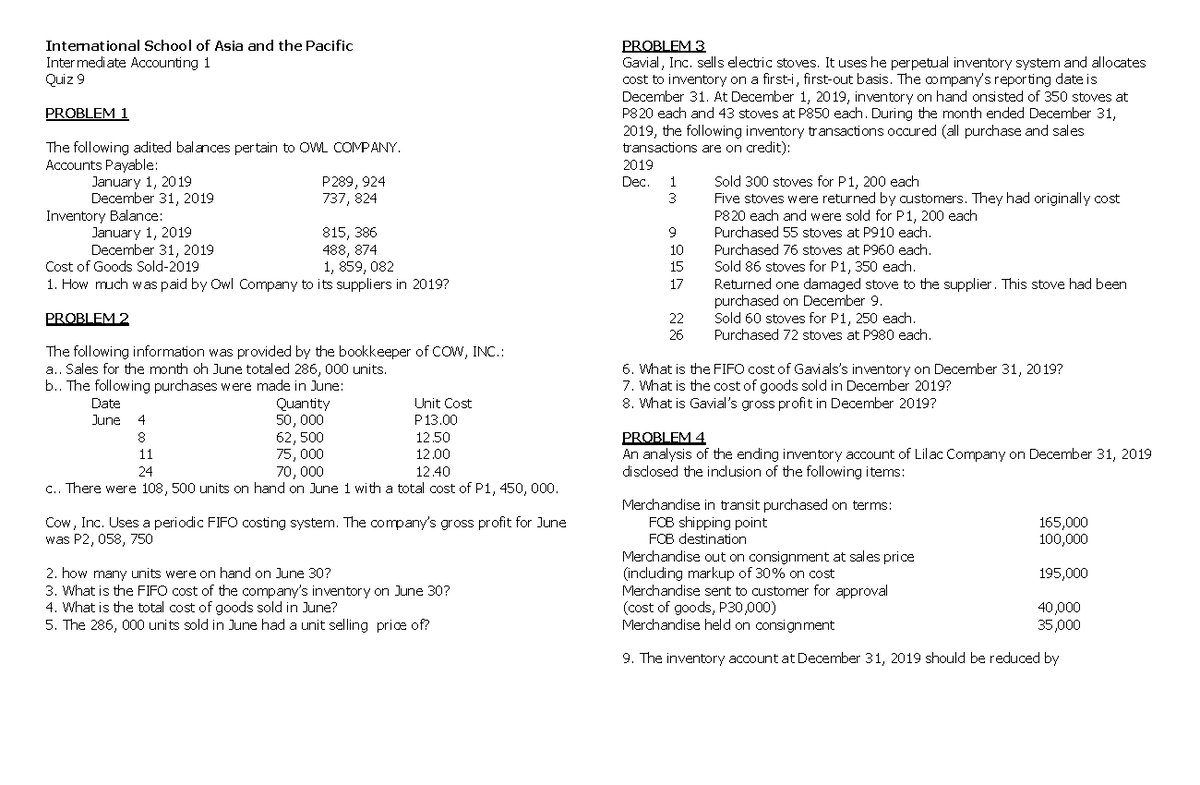 INTERMEDIATE ACCOUNTING 1 QUIZ 9 REVIEWER AND SOLUTIONS - Studocu