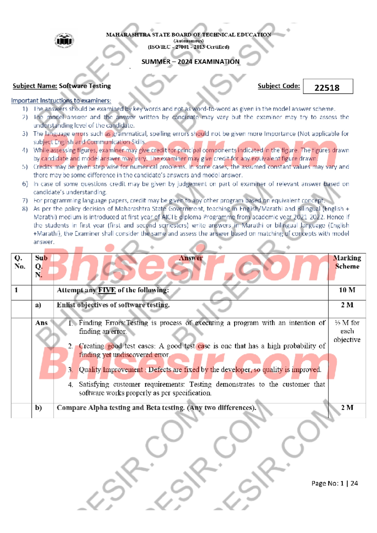 Software Testing Model Answer Papers - Summer 2024 (Subject Code: 22518 ...