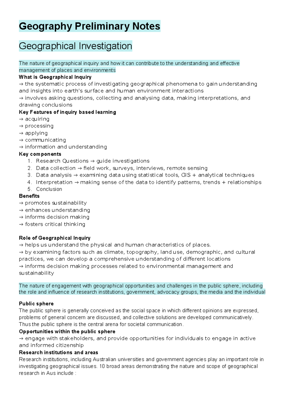 Geography Year 11 Syllabus Notes: Geographical Inquiry & Human ...