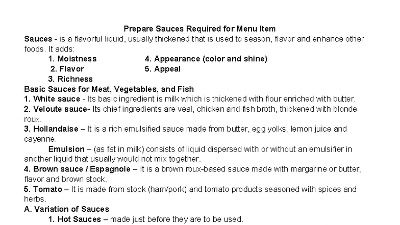 Prepare Sauces for Menu Item: Techniques and Ingredients Guide - Studocu