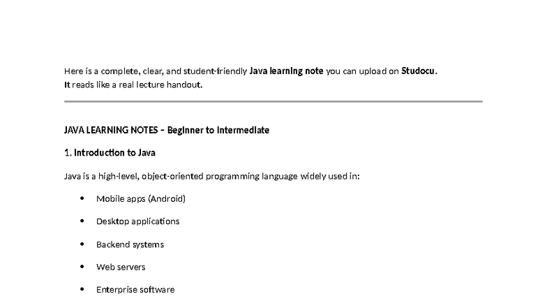 JAVA LEARNING NOTES: Beginner to Intermediate Overview - Studocu