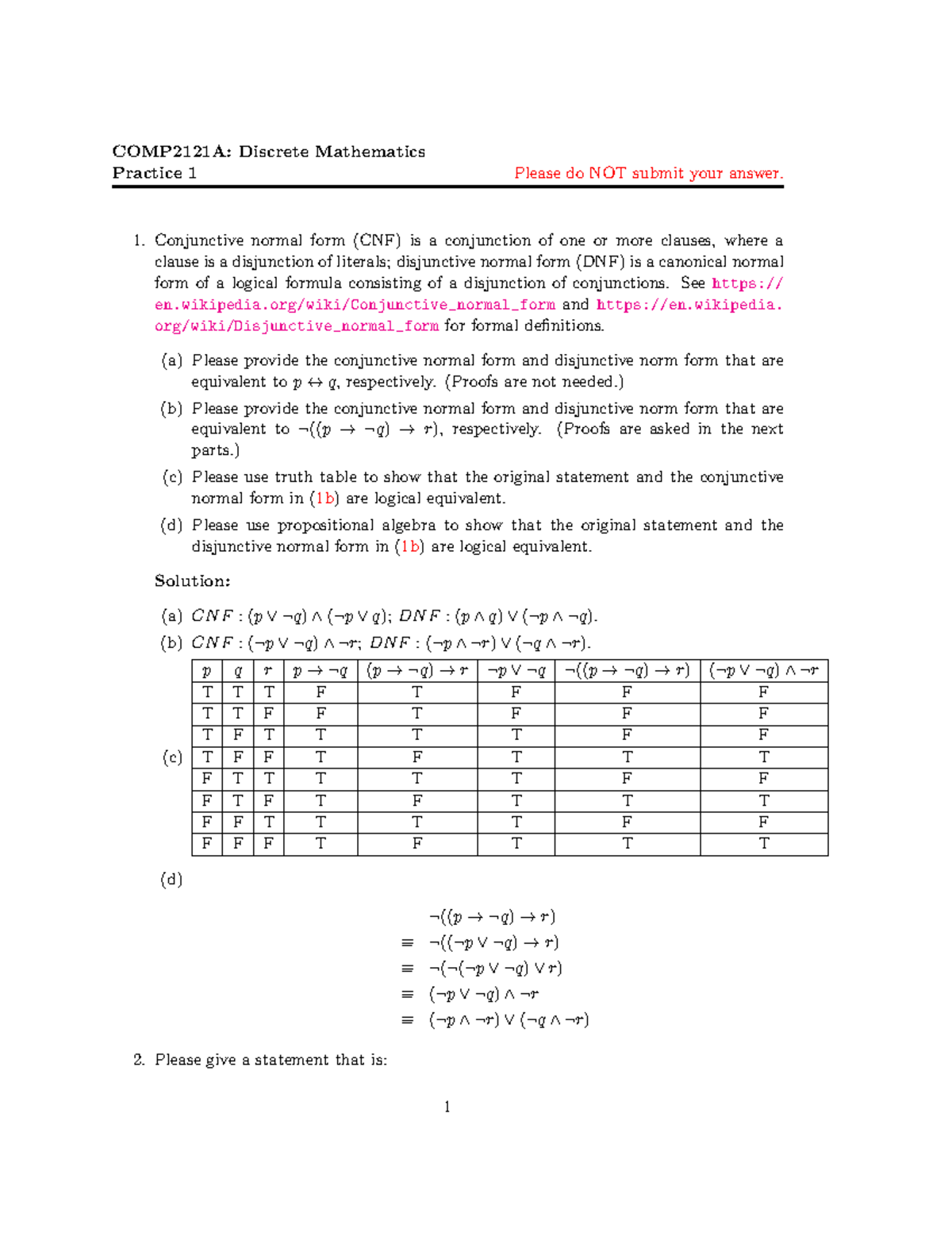 COMP2121A: Discrete Mathematics Practice Problem Set 1 Solutions - Studocu