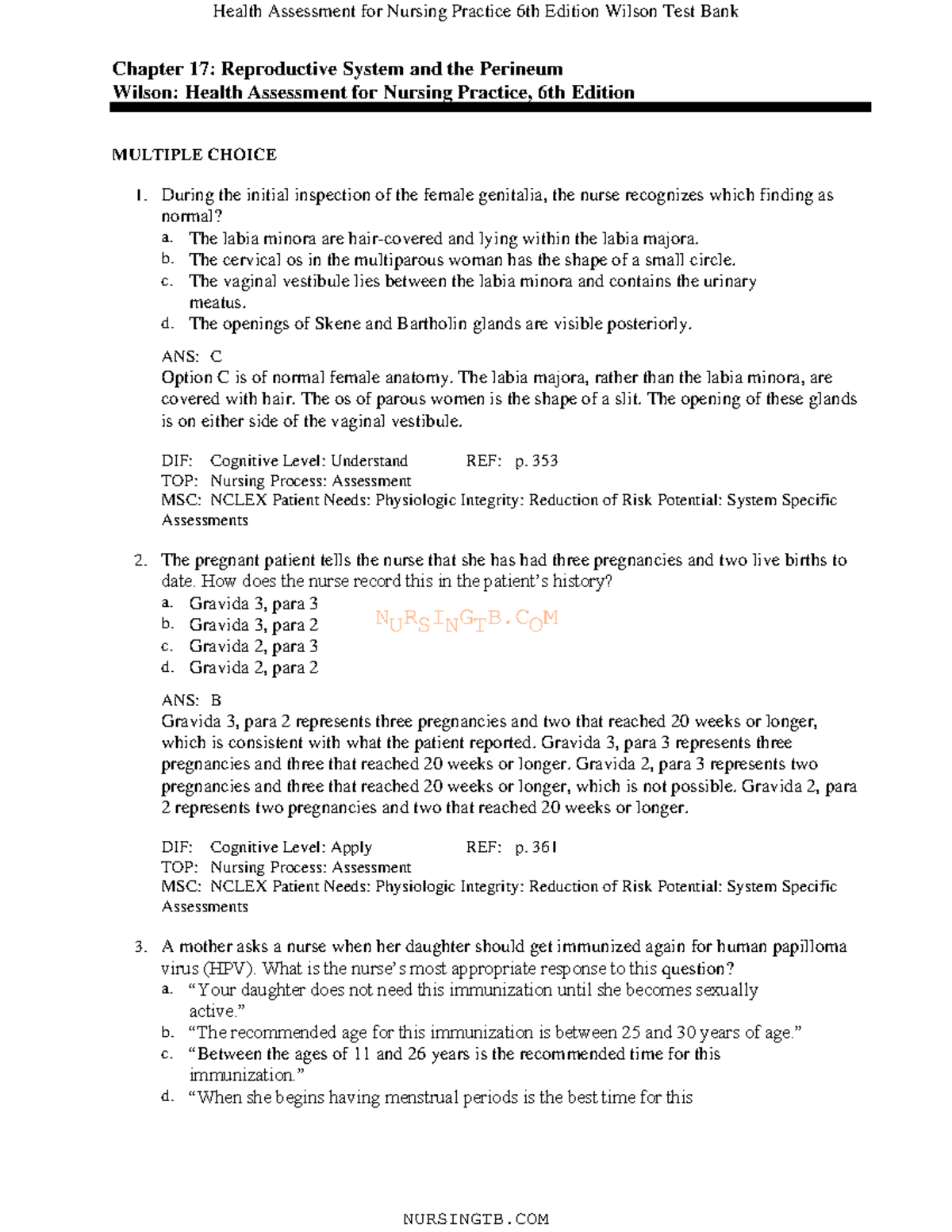 NURS 101 - Test Bank for Chapter 17: Reproductive System Insights - Studocu