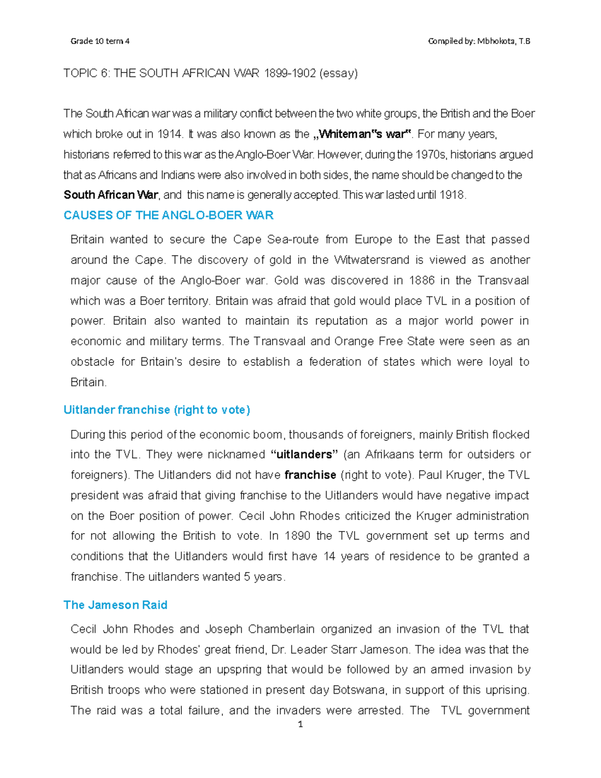 South African War 1899-1902: Causes and Phases Uncovered - Studocu