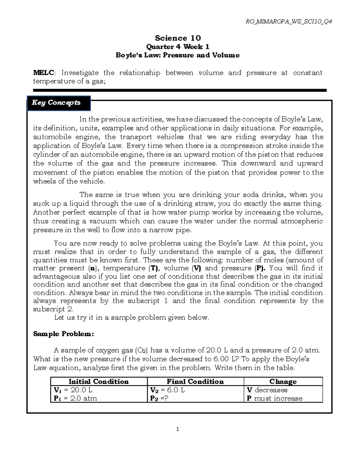 Science 10 Q4 Week-1-Boyles Law - Science 10 Quarter 4 Week 1 Boyle‘s Law: Pressure and Volume ...