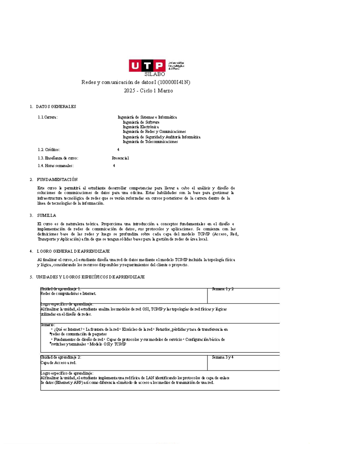 SÍLABO Redes y Comunicación de Datos I - 2025 Ciclo 1 - Studocu