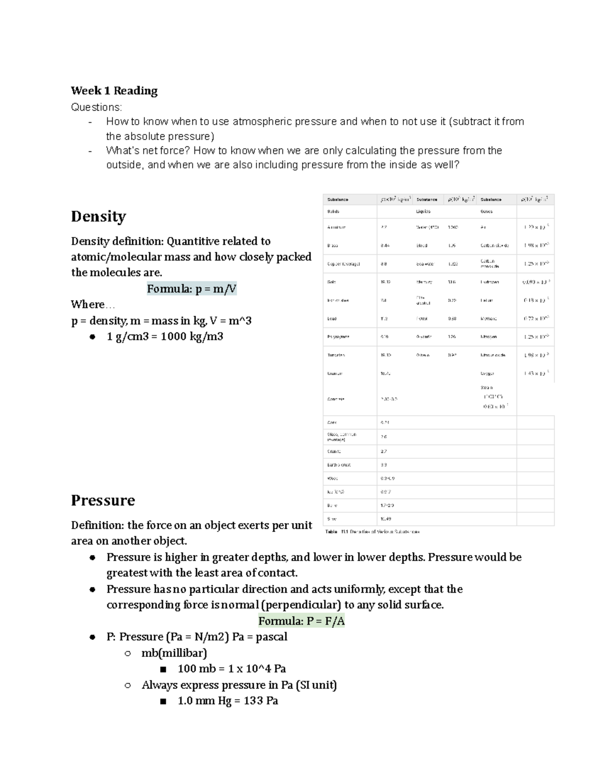 PHYS131 Notes - Static Fluids - Week 1 Reading Questions: - How to know ...
