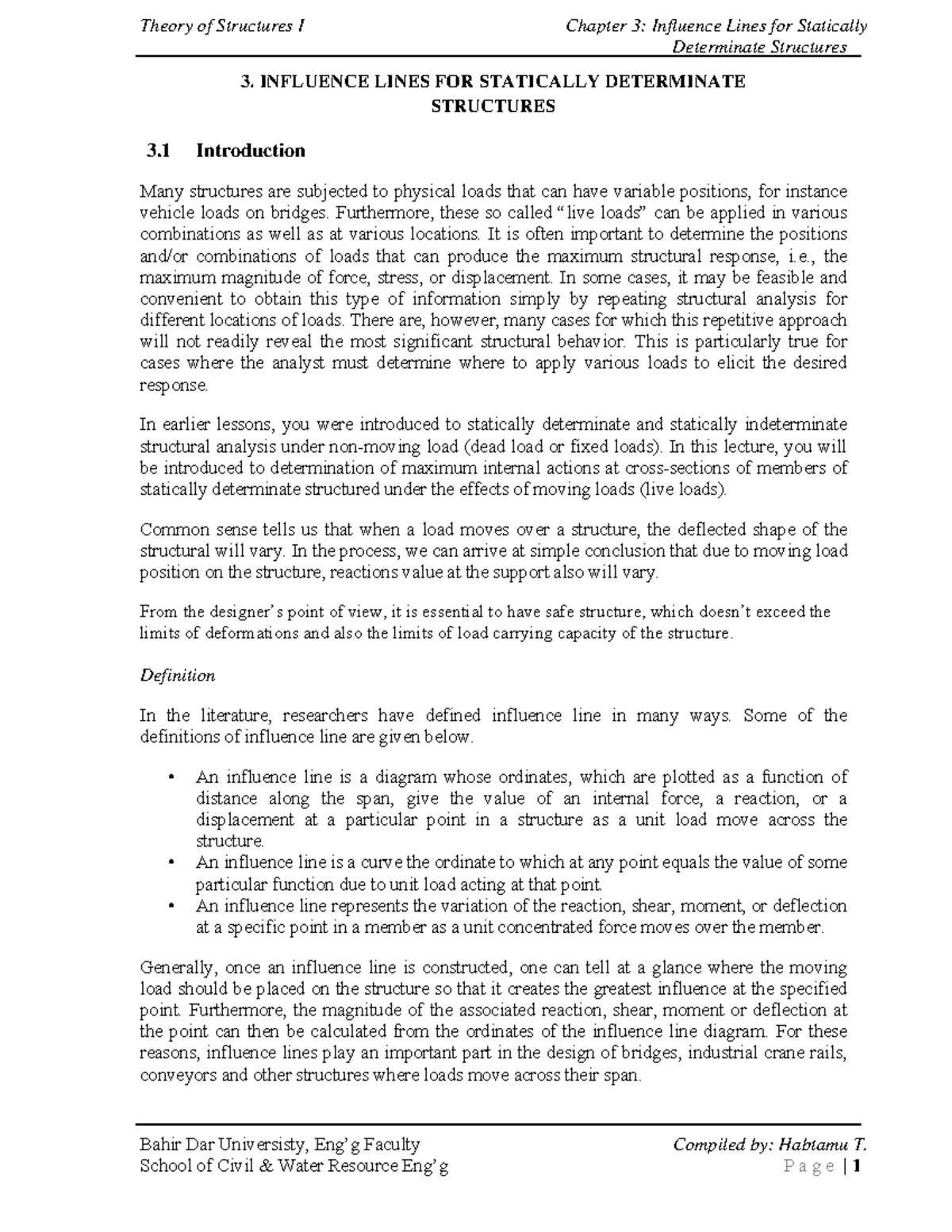 Theory of Structures I: Chapter 3 - Influence Lines for Statically Determinate - Studocu