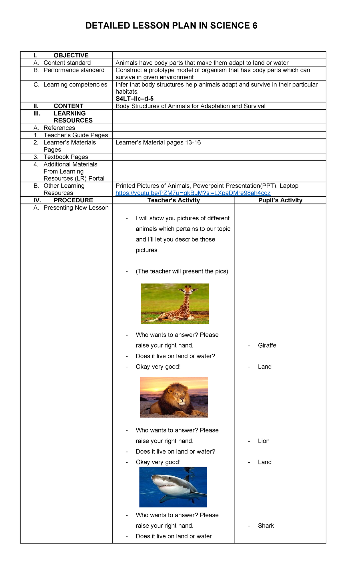 Science 6 Lesson Plan: Body Structures of Animals for Adaptation - Studocu