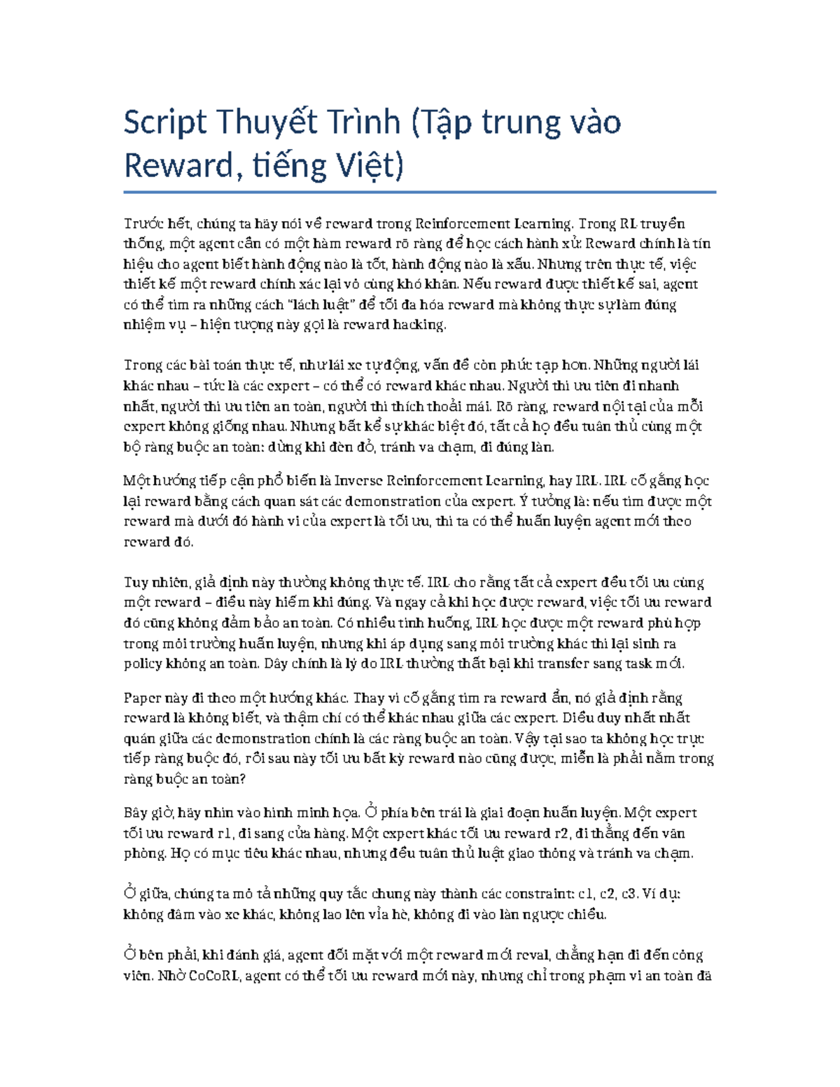 Script Thuyết Trình CoCoRL: Khám Phá Reward và Ràng Buộc An Toàn - Studocu
